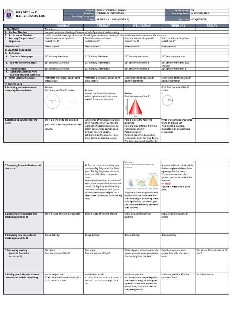 DLL - Mathematics 6 - Q4 - W2 | PDF | Volume | Sphere