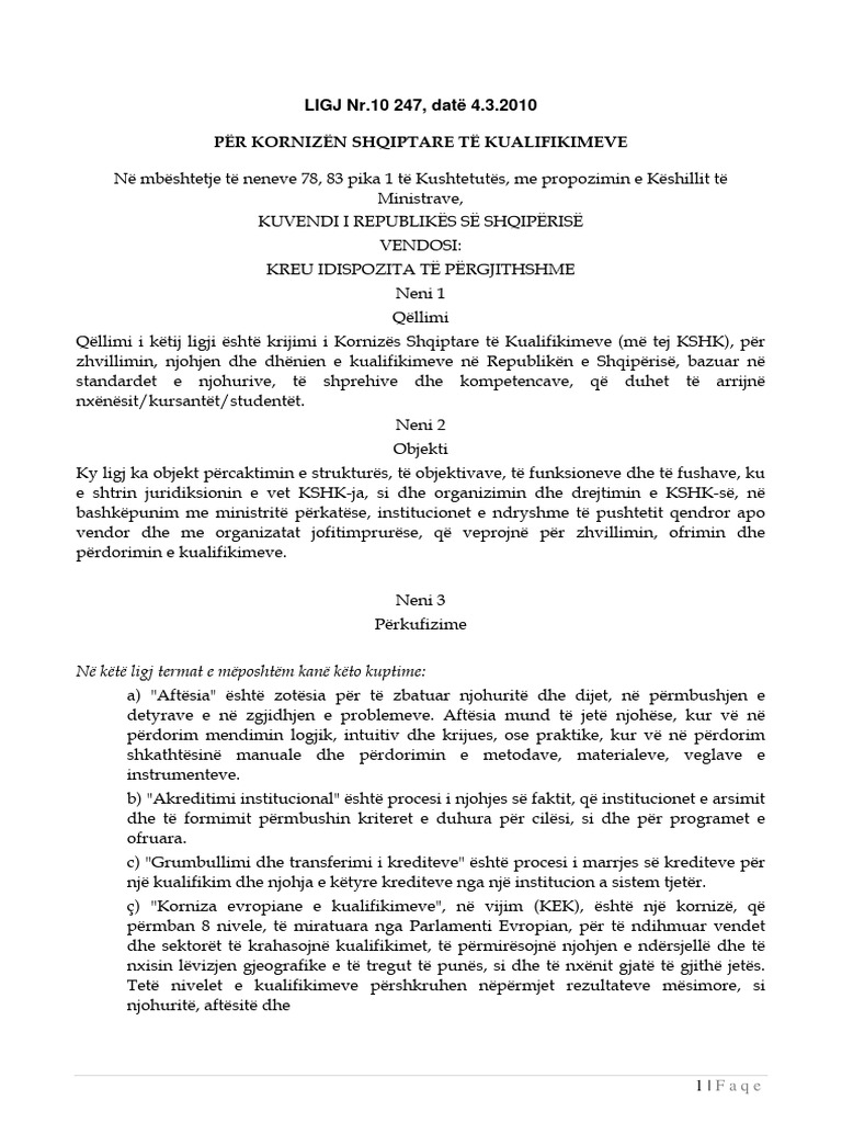 LIGJ-10247 - Korniza Shqiptare e Kualifikimeve | PDF