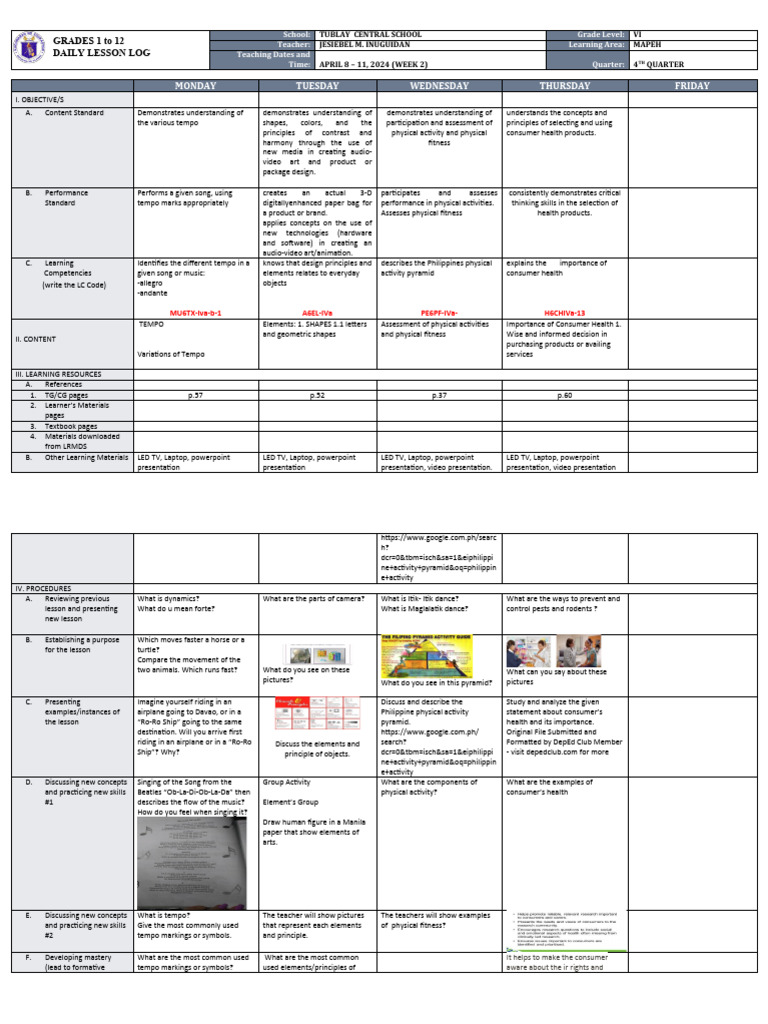DLL - Mapeh 6 - Q4 - W2 | PDF | Learning | Concept