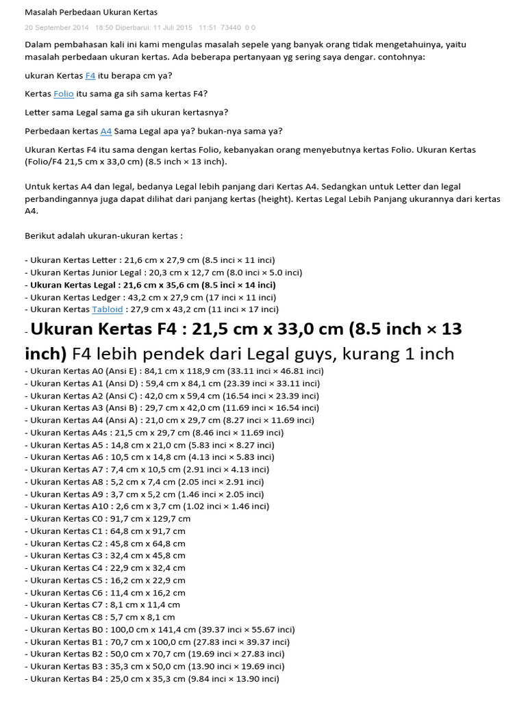 Ukuran Kertas F4 Dan Legal | PDF