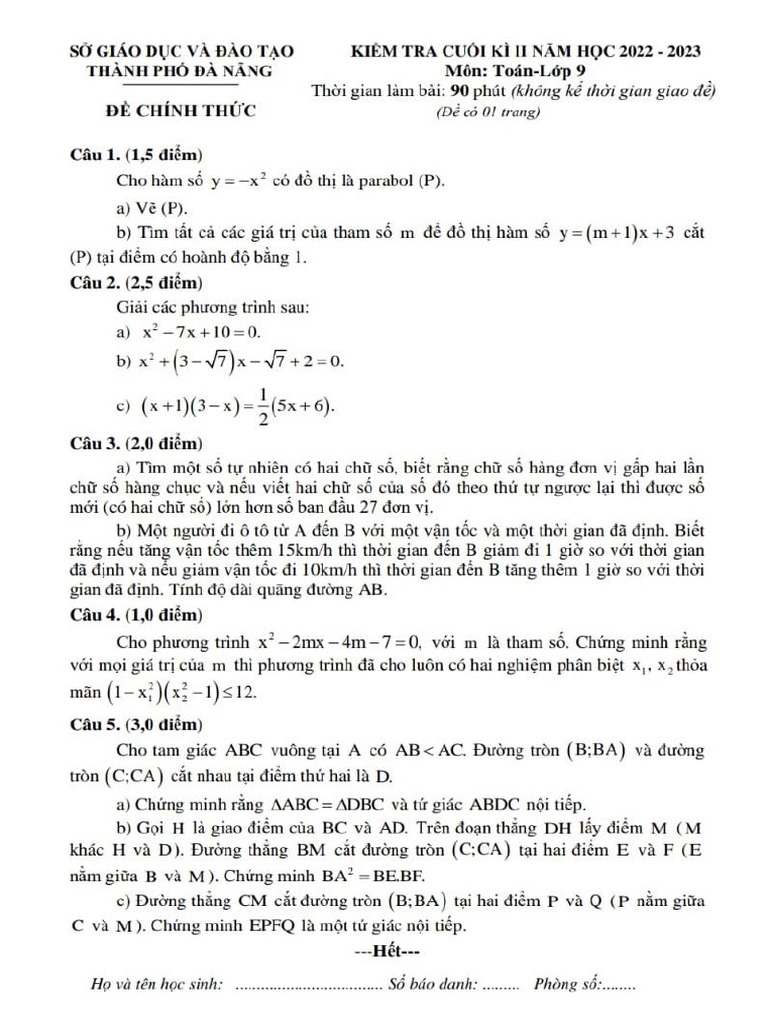 De Kiem Tra Cuoi Ki 2 Toan 9 Nam 2022 2023 So GDDT Da Nang | PDF