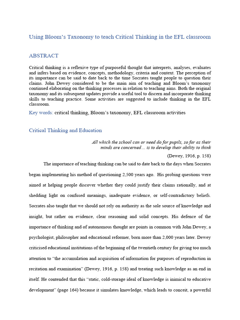 Using Bloom's Taxonomy To Teach Critical Thinking in The EFL Classroom ... Using Bloom's Taxonomy To Teach Critical Thinking in The EFL Classroom ...
