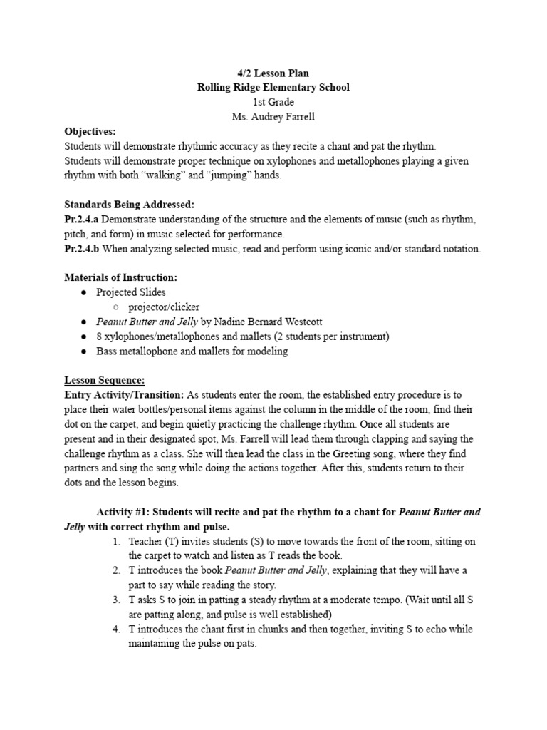 4 3 1st grade lesson plan 1 | PDF | Rhythm | Musical Notation