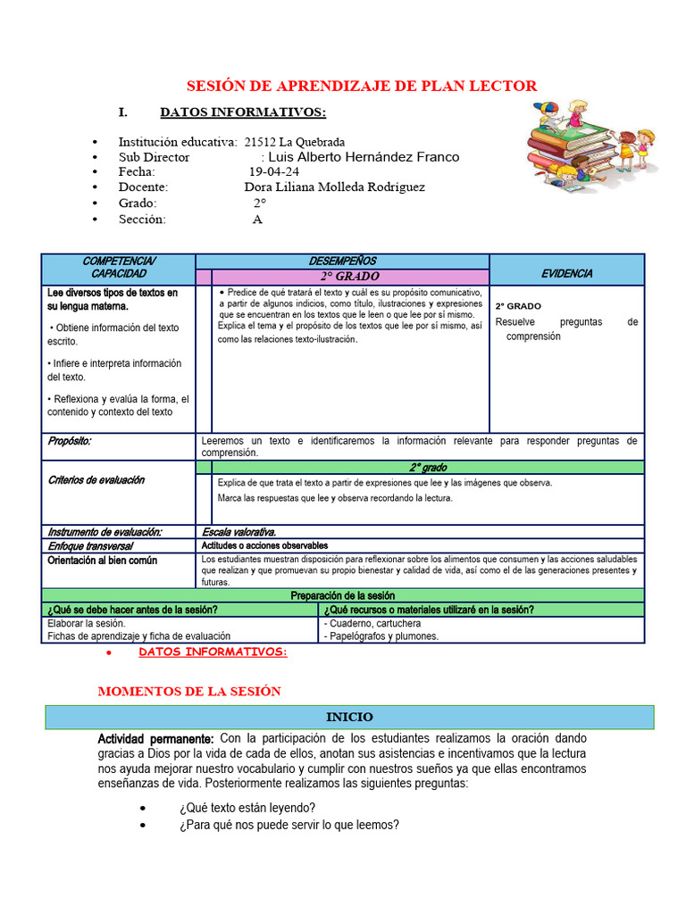 SESIÓN DE APRENDIZAJE DE PLAN LECTOR 19 | PDF | Evaluación | Conceptos psicologicos