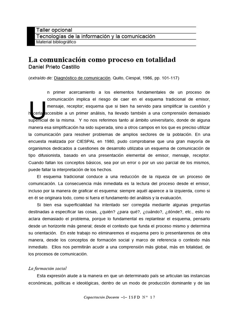La Comunicación Como Proceso en Totalidad Prieto Castillo | PDF ...