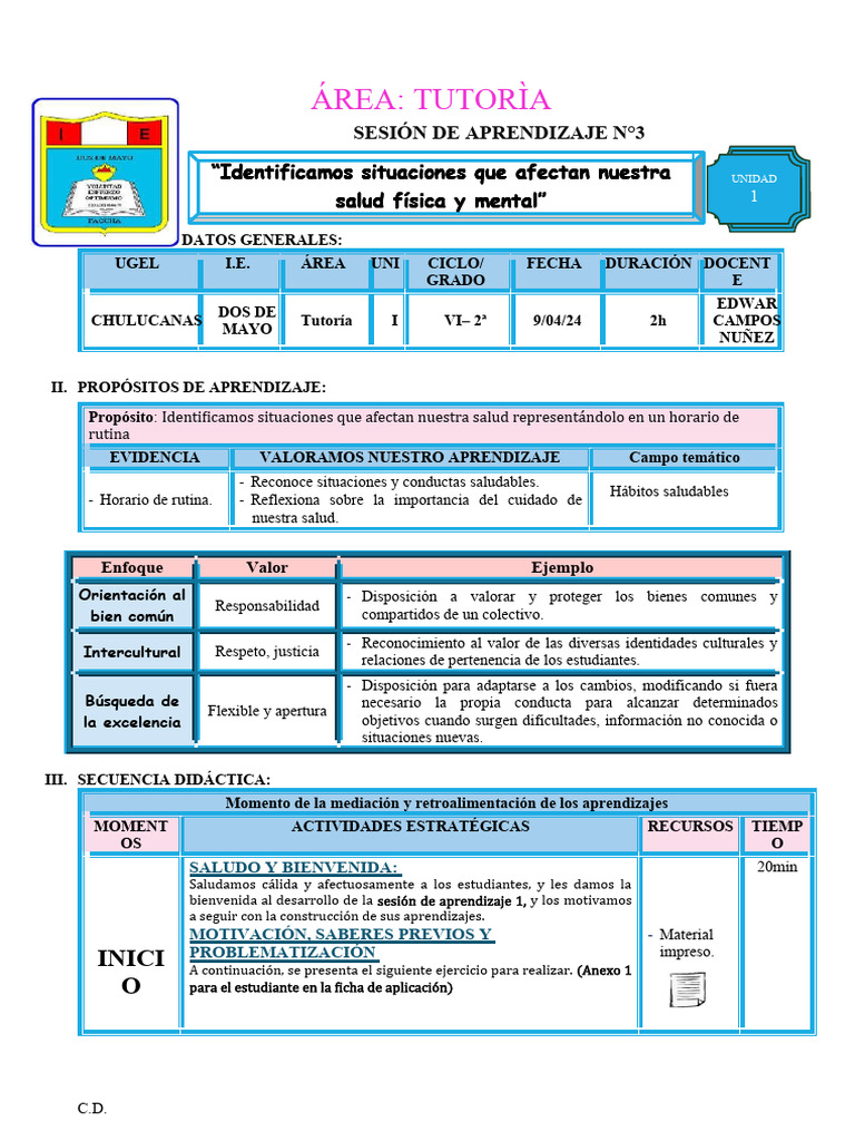 1° y 2°SESION DE APRENDIZAJE-SESIÓN1-SEM.1-EXP.1-TUTORÍA | PDF | Aprendizaje | Modificación de ...