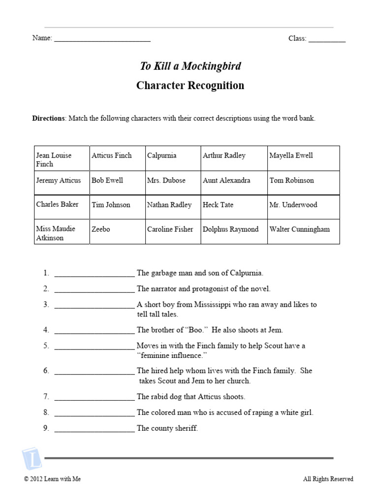 To Kill a Mockingbird Character Guide | PDF | To Kill A Mockingbird
