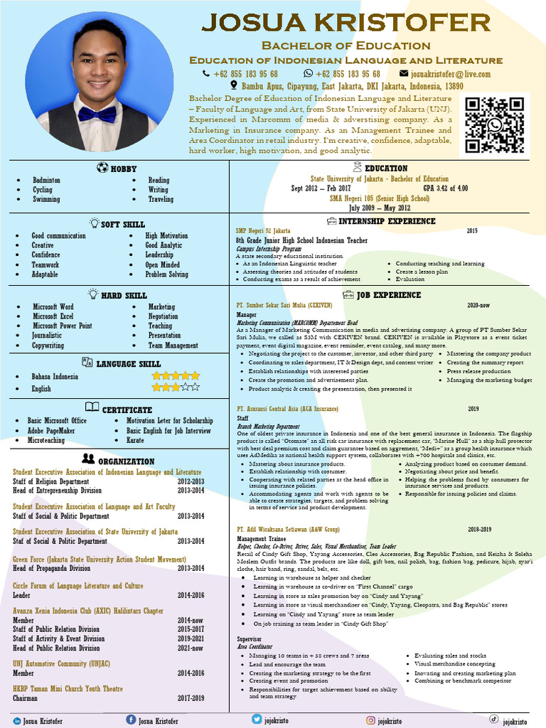 CV Guru Bahasa Indonesia Josua Kristofer | PDF | Insurance | Indonesia