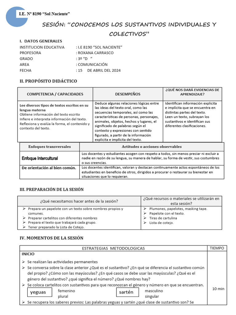 Sesion - Com - Conocemos Sust. Individ. y Colectivos | PDF | Enseñando | Aprendizaje