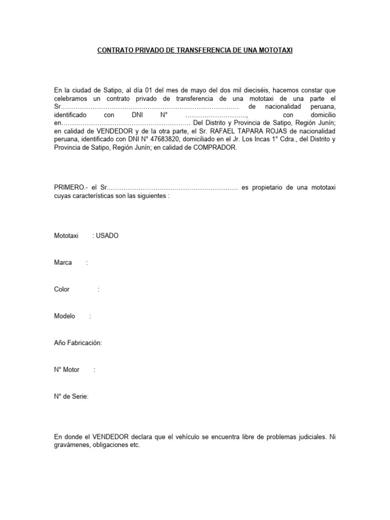 Modelo De Contrato Privado De Compra Venta De Mototaxi Usada Iv Pdf