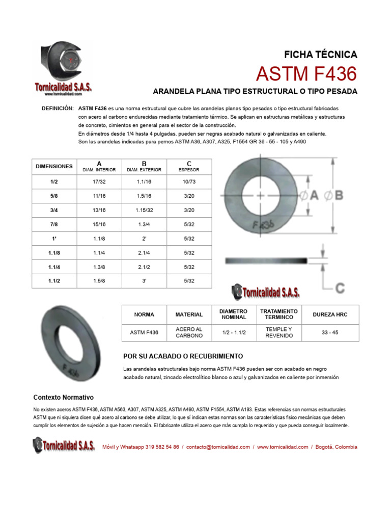 Arandelas Planas ASTM F436: Dimensiones y Materiales | PDF | Acero ...