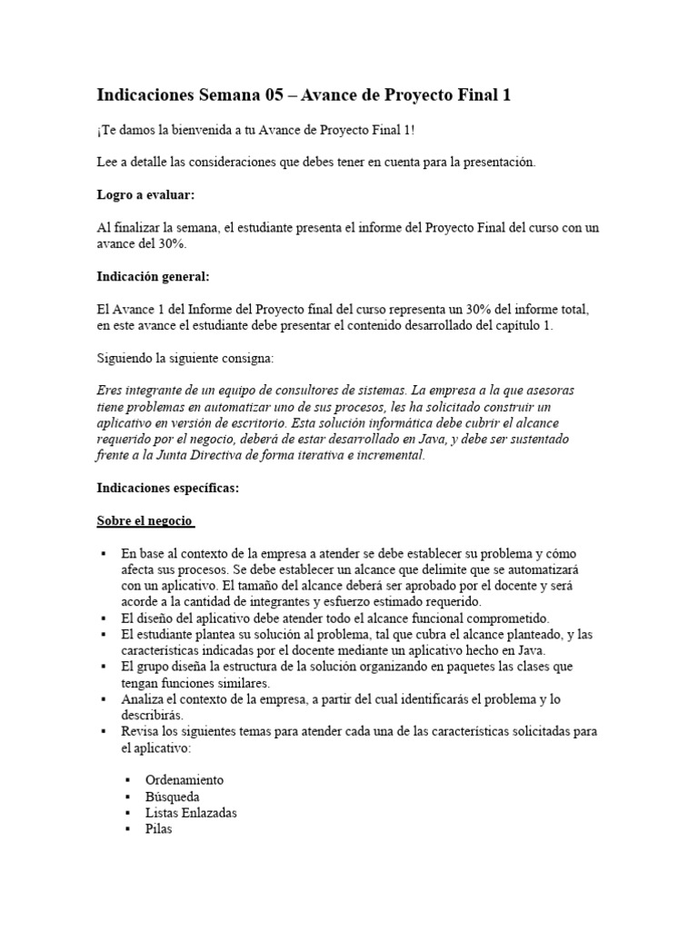 Indicaciones Semana 05 - Avance de Proyecto Final 1 | PDF | Java (lenguaje de programación ...