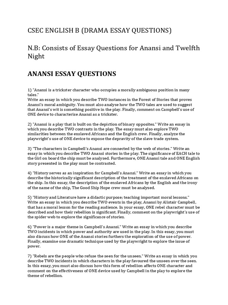 CSEC ENGLISH B - Drama Essay Questions | PDF | Twelfth Night