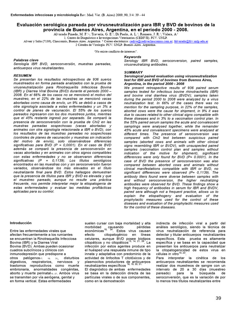 Alvarado - Evaluación Serológica Pareada Por Virusneutralización para IBR y BVD de Bovinos | PDF ...