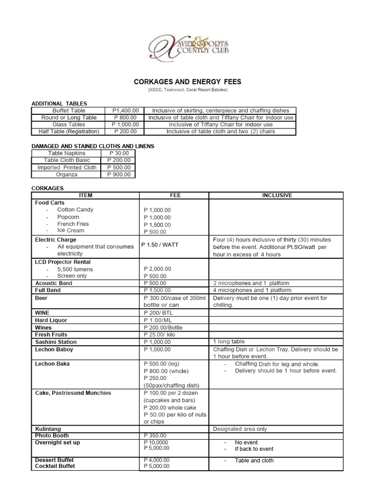 A.corkage & Energy Fee | PDF | Buffet | Cuisine