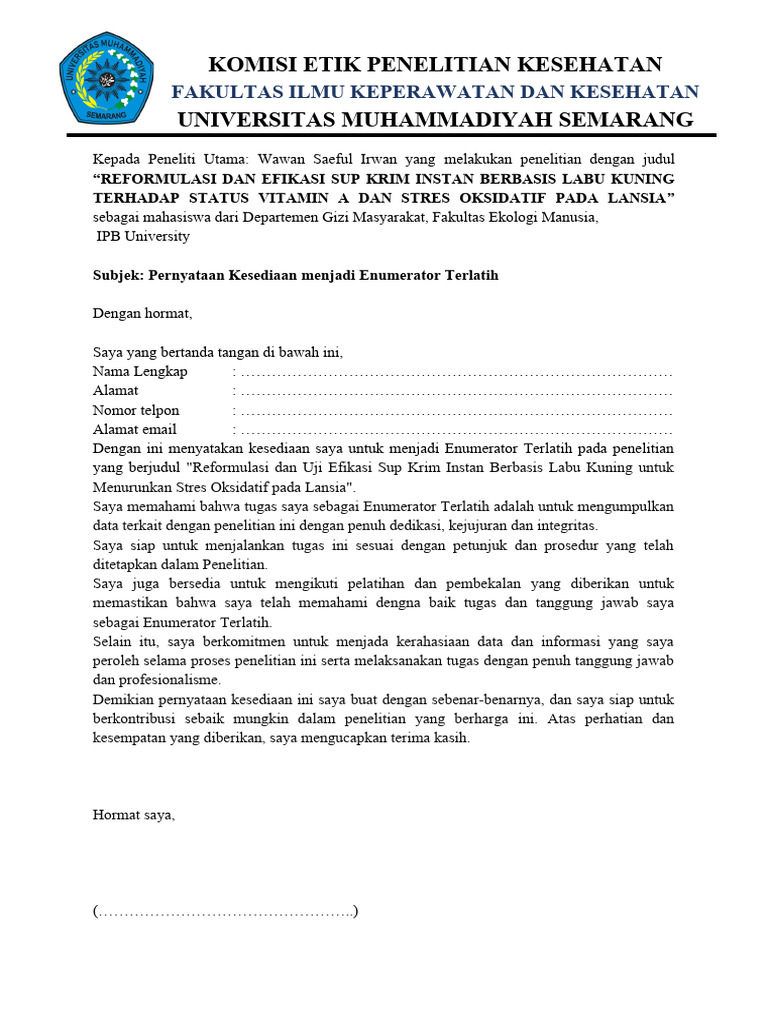 Surat Pernyataan Kesediaan Menjadi Enumerator Terlatih | PDF