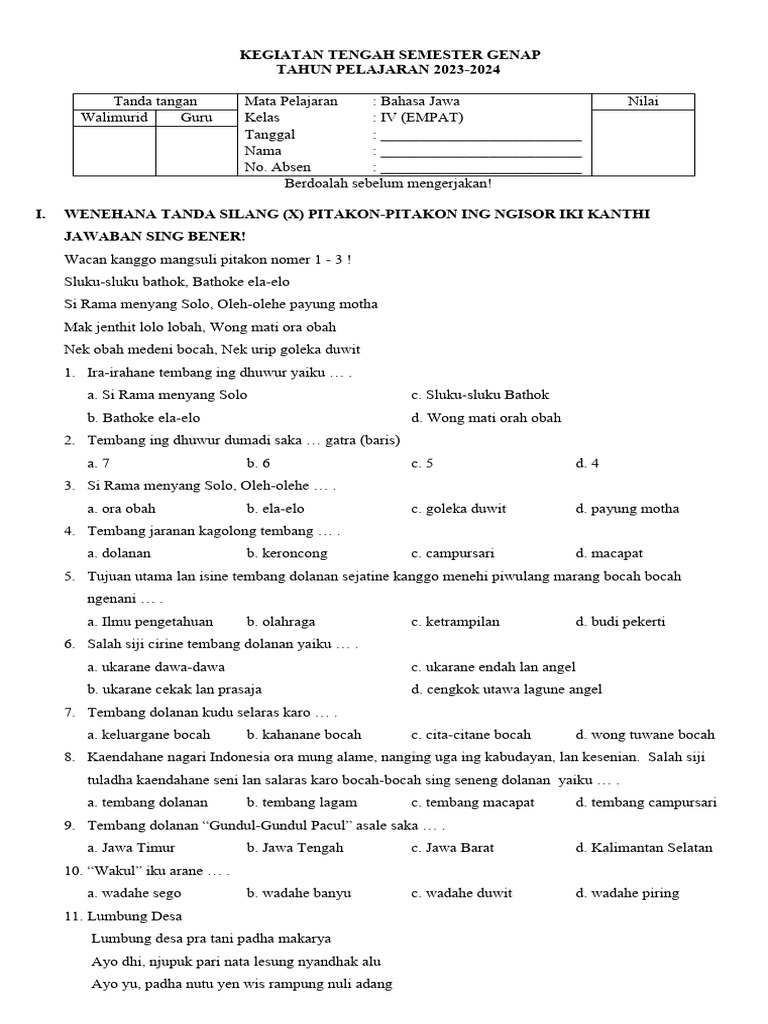 Kts Bahasa Jawa Kelas 4 Semester II | PDF