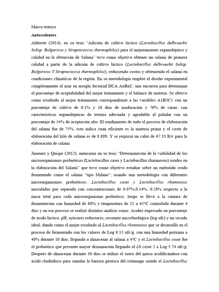Marco Teórico. Salami | PDF | Ácido láctico | Fermentación