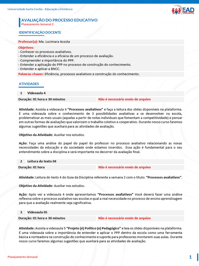 Planejamento Semanal 2 | PDF | Aprendizado | Pedagogia