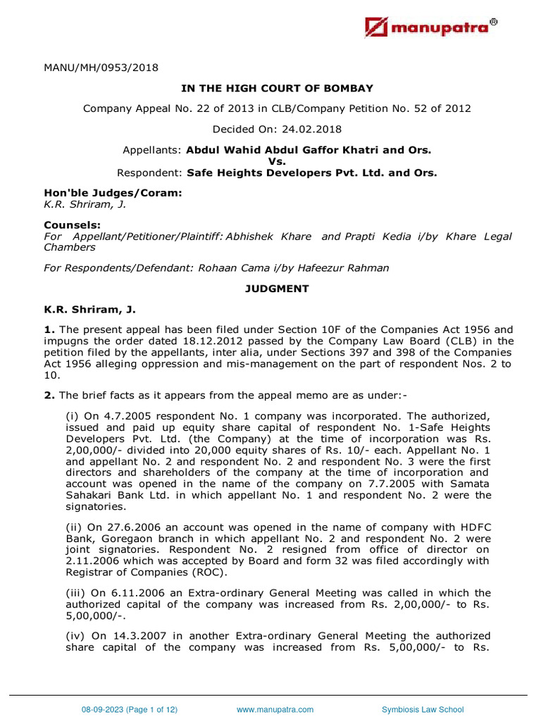Corporate Dispute in Bombay HC | PDF | Judgment (Law) | Laches (Equity)