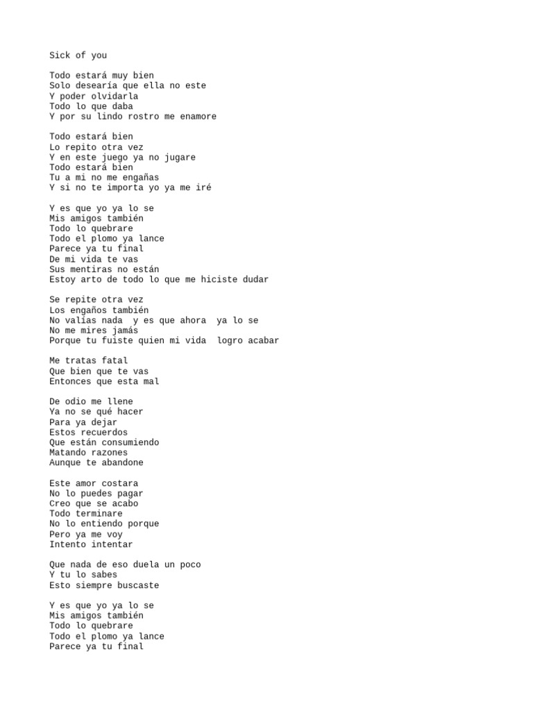 Sick of You Letra en Español | PDF