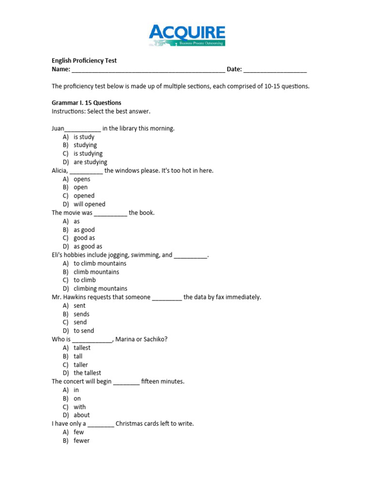 English Proficiency Test Overview | PDF