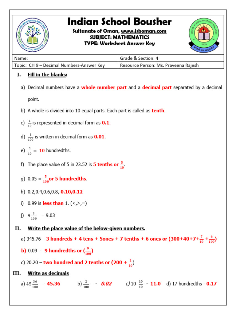 GR 4 - WS - CH 9 - Decimal Numbers - AK | PDF | Rupee | Decimal