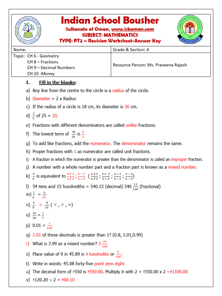 Grade 4 Math Revision Worksheet | PDF | Mathematics | Arithmetic