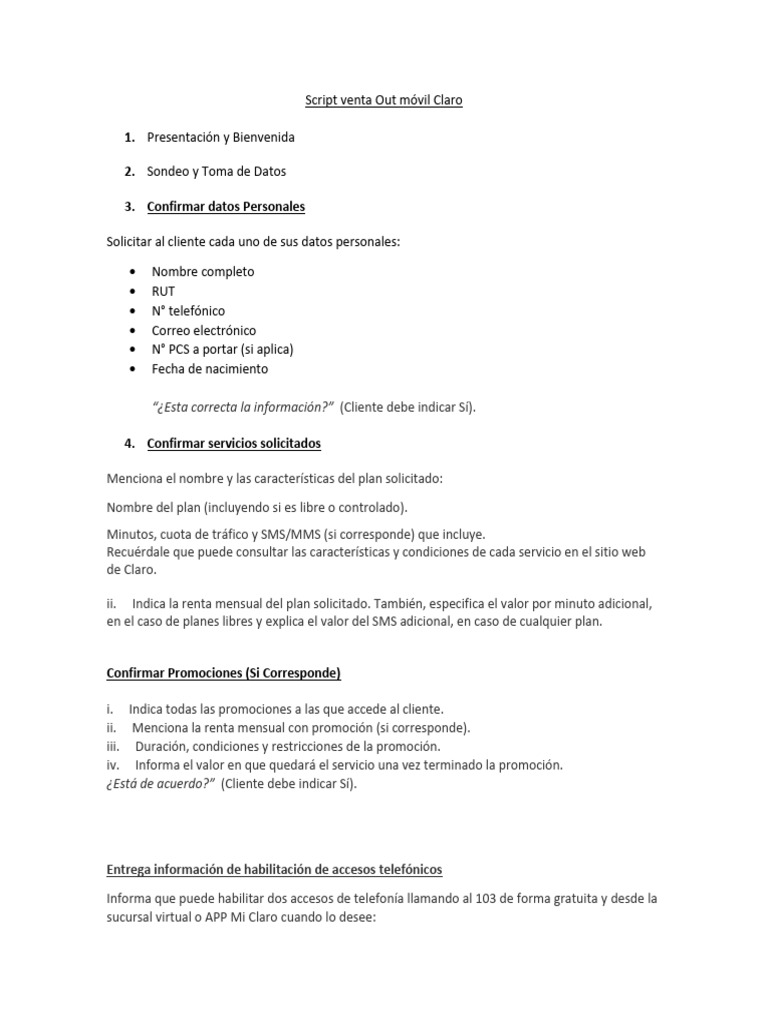 SCRIPT DE VENTA Out Móvil Claro GENESYS COMPLETO | PDF | Documento de identidad | Itinerancia