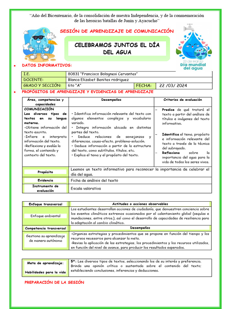 Día Del Agua Com 22 Marzo | PDF | Aprendizaje | Evaluación