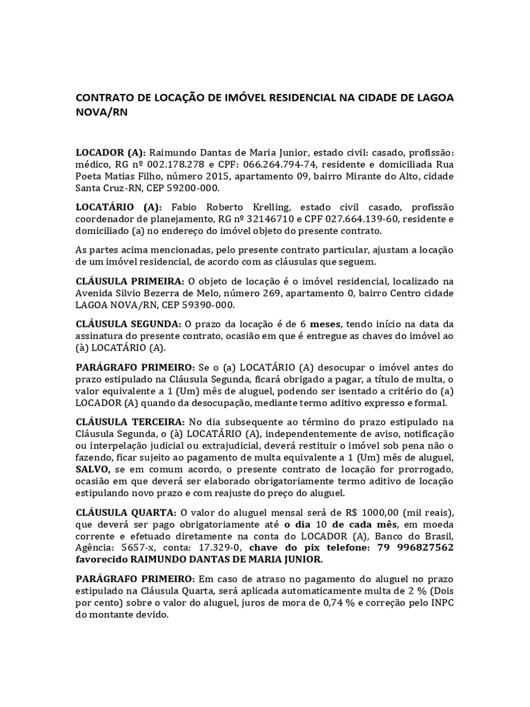 Modelo de Contrato de Aluguel Simples Word para Preencher Atualizado ...
