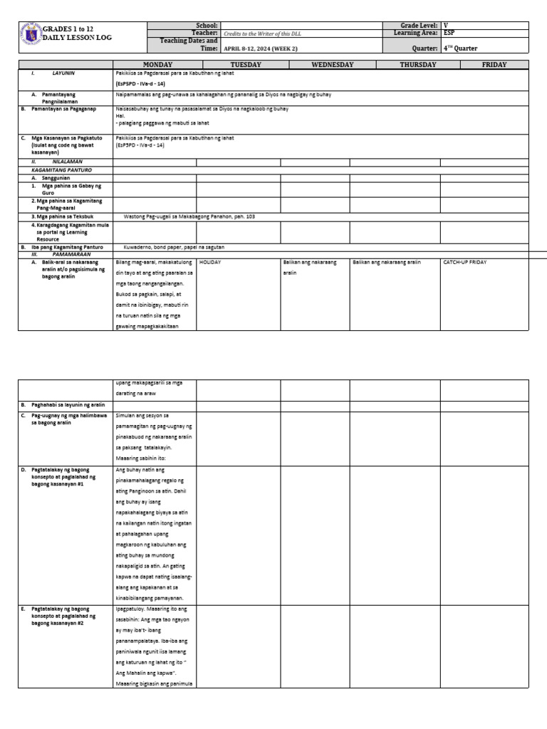 Grade 5 DLL ESP 5 Q4 Week 2 | PDF