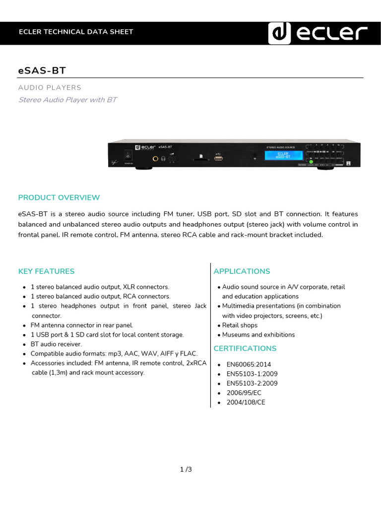 Ecler Esas BT Data Sheet | PDF | Usb | Headphones