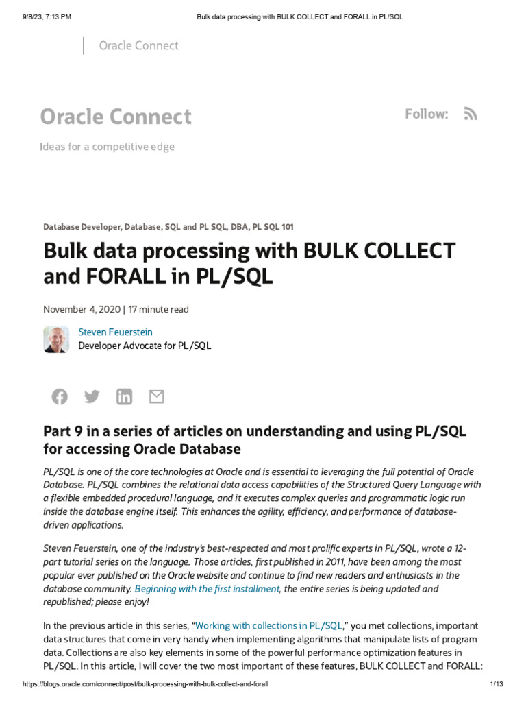 Bulk Data Processing With BULK COLLECT and FORALL in PL - SQL | PDF | Pl/Sql | Sql