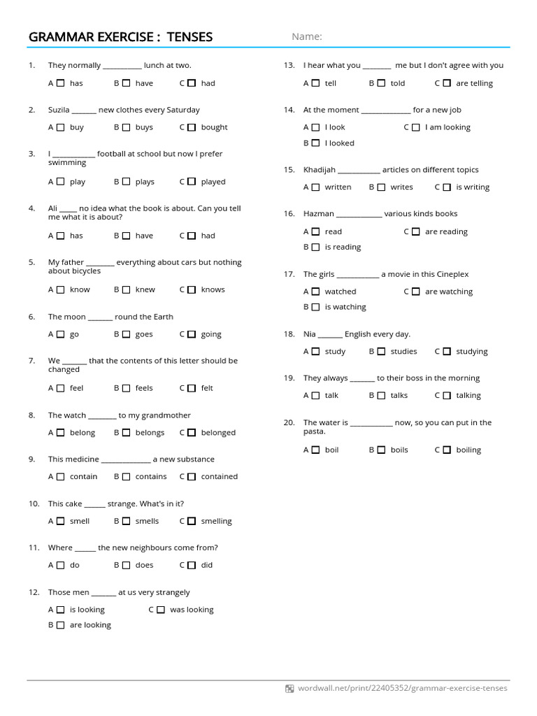 Grammar Exercise Tenses | PDF