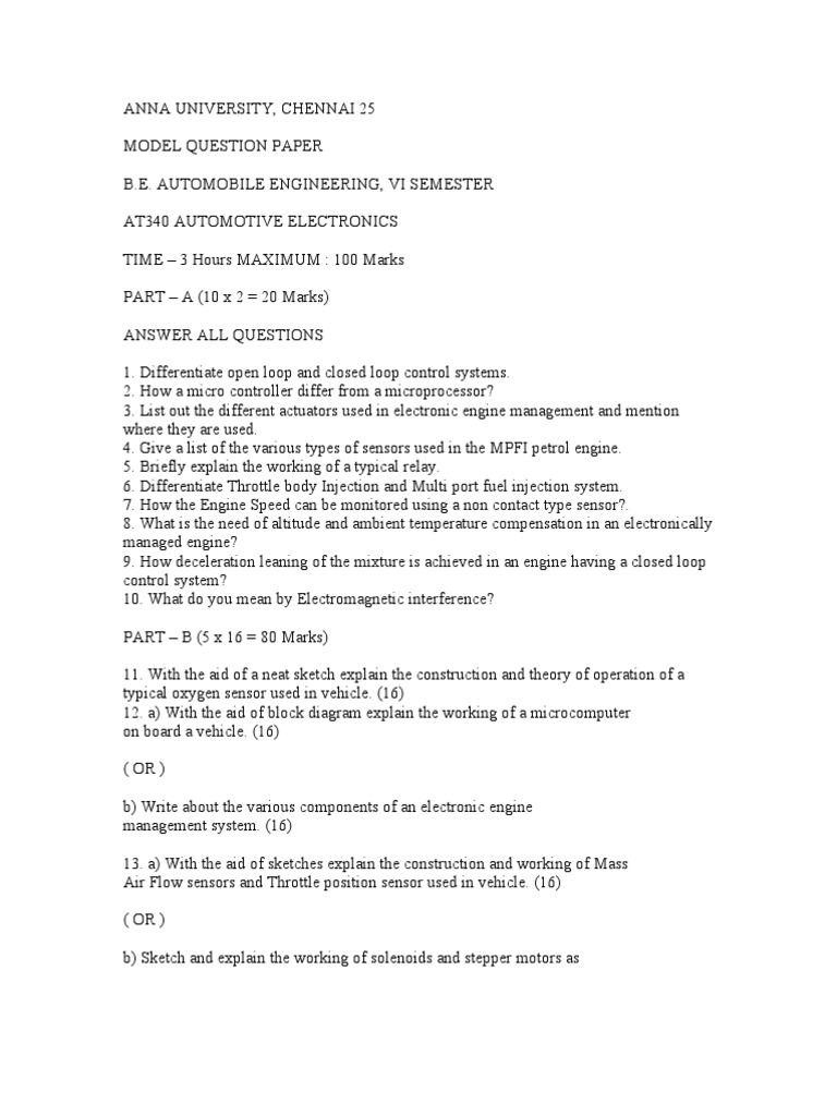 Automotive Electronics Question Paper | PDF