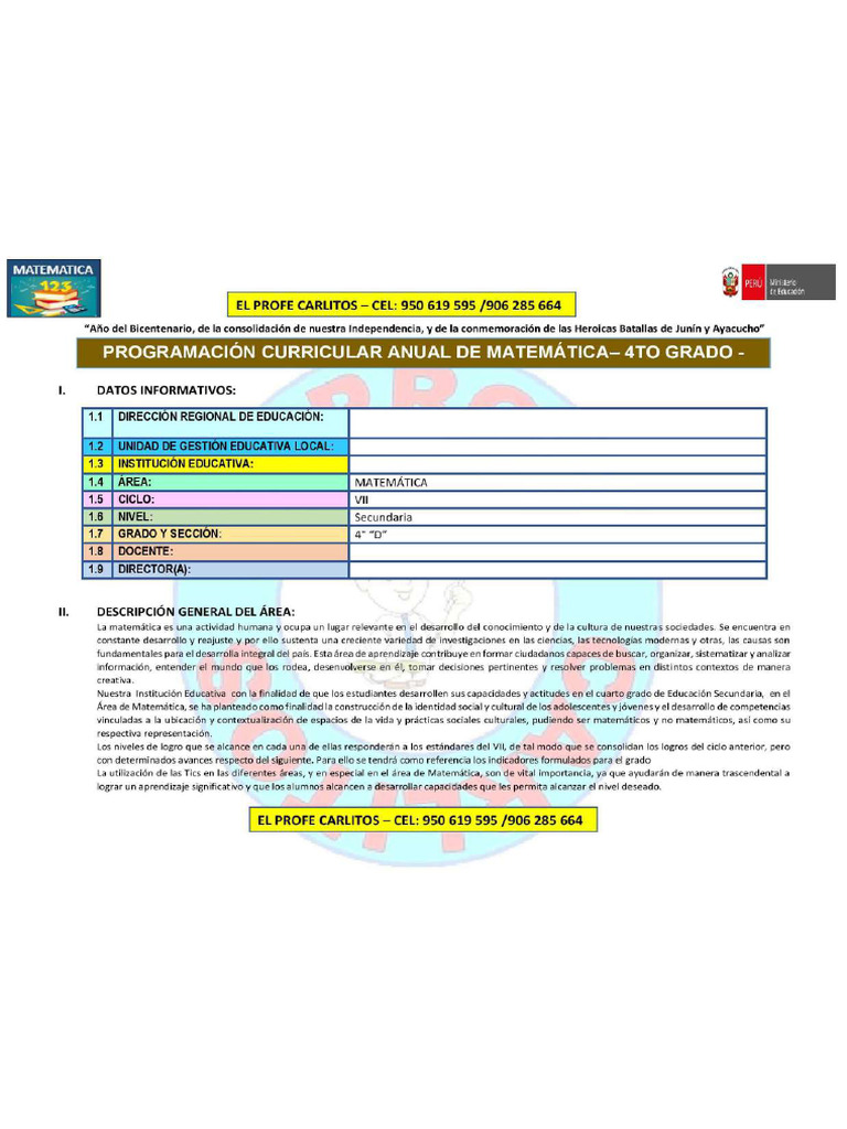 Programaciones Anuales 2024 - Matematica - 4to Grado | PDF
