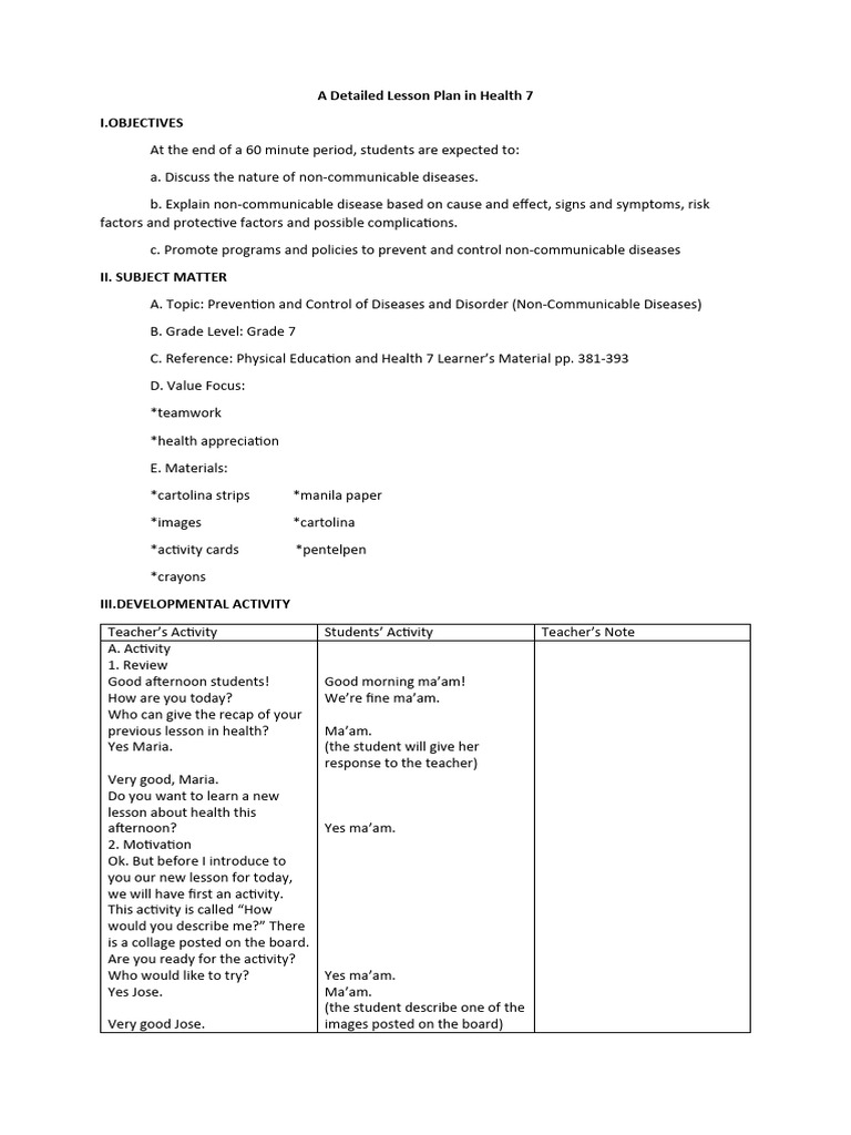 A Detailed Lesson Plan in Health 7 2023 Jenny | PDF | Non Communicable Disease | Inflammation