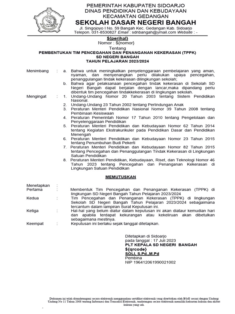 SK Tim Pencegahan Dan Penanganan Kekerasan (TPPK) | PDF