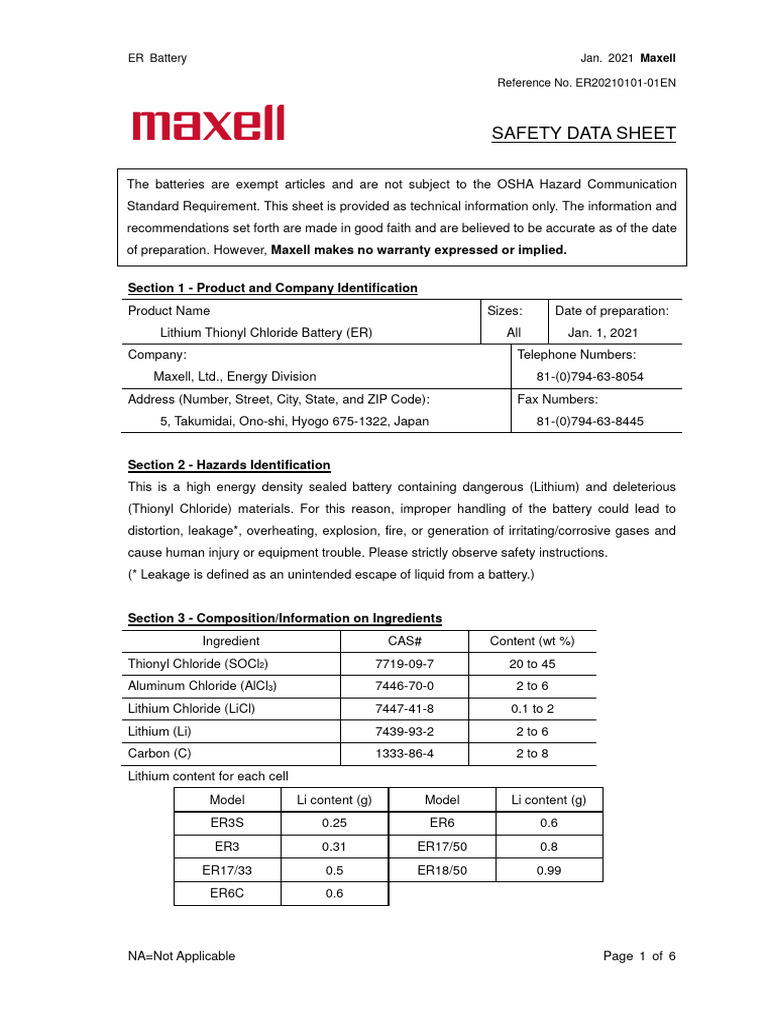 SDS 131168 Er6 Bat 01012021 en | PDF | Dangerous Goods | Water
