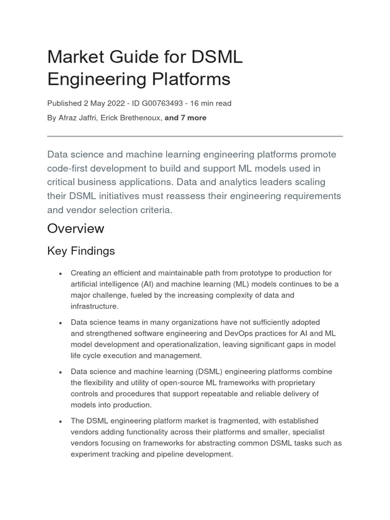 Market Guide for DSML Engineering Platforms - Gartner 2022 | PDF | Cloud Computing | Artificial ...