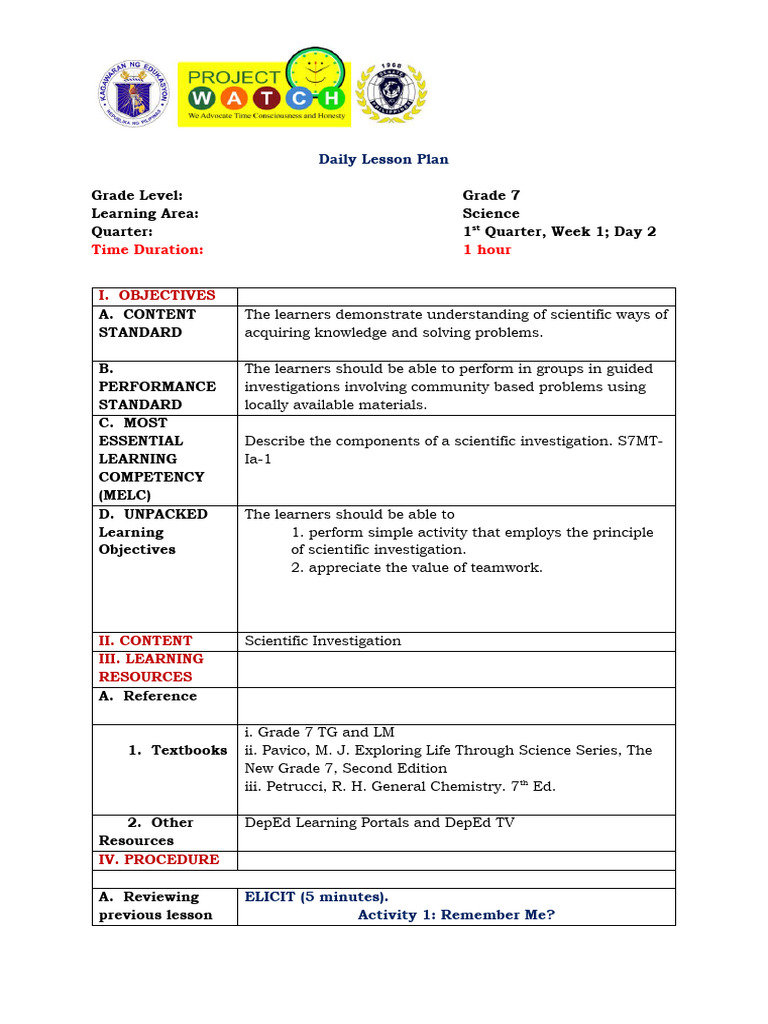 Time Duration: 1 Hour: Daily Lesson Plan | PDF | Learning | Scientific Method