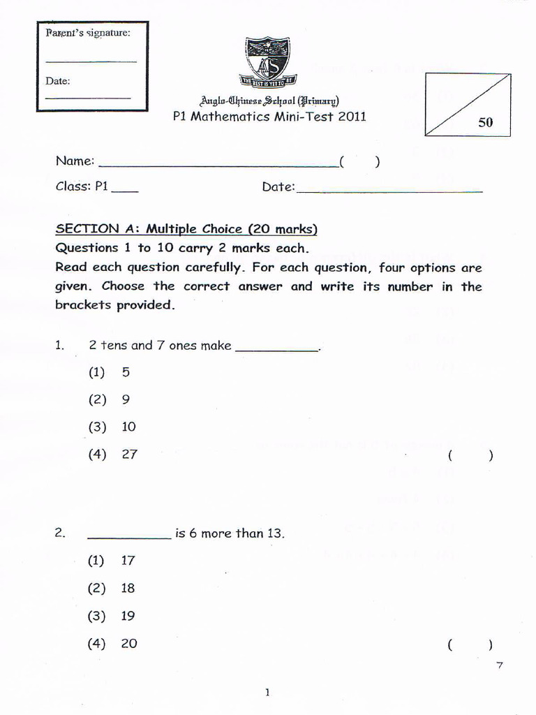 P1 Maths 2011 SA2 ACS (Mini Test) | PDF