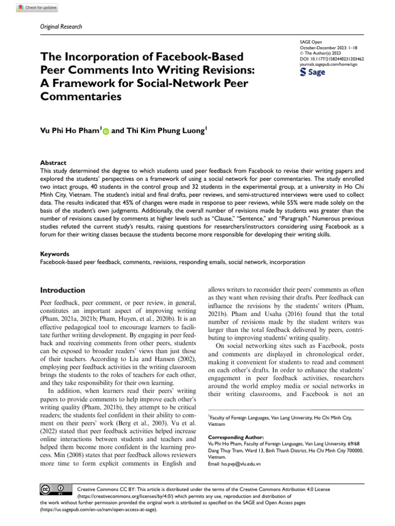 Facebook Peer Feedback in Writing Revisions | PDF | English As A Second ...
