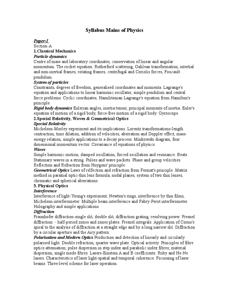 Syllabus Mains of Physics | PDF | Diffraction | Optics