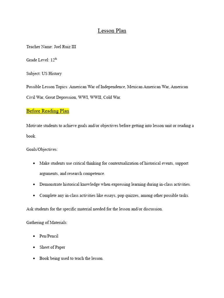 Lesson Plan Project | PDF | Lesson Plan | Behavior Modification