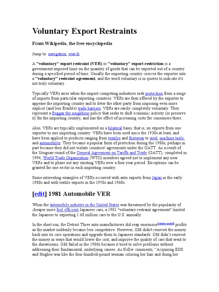 Voluntary Export Restraints | Exports | International Trade