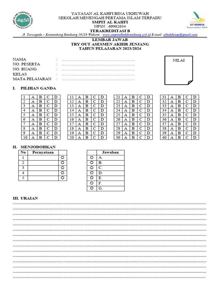 LEMBAR JAWAB Try Out AAJ Tahun 2024 | PDF