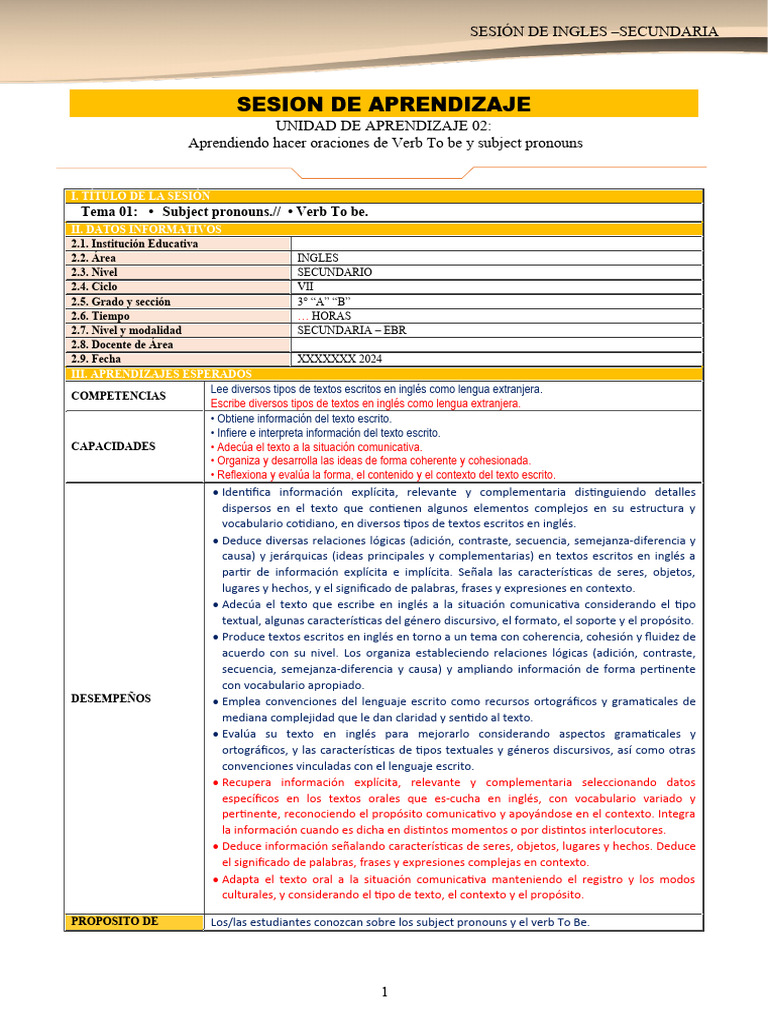 3° Sec. Sesion Actv 01 Ingles 2024 | PDF | Enseñando | Aprendizaje