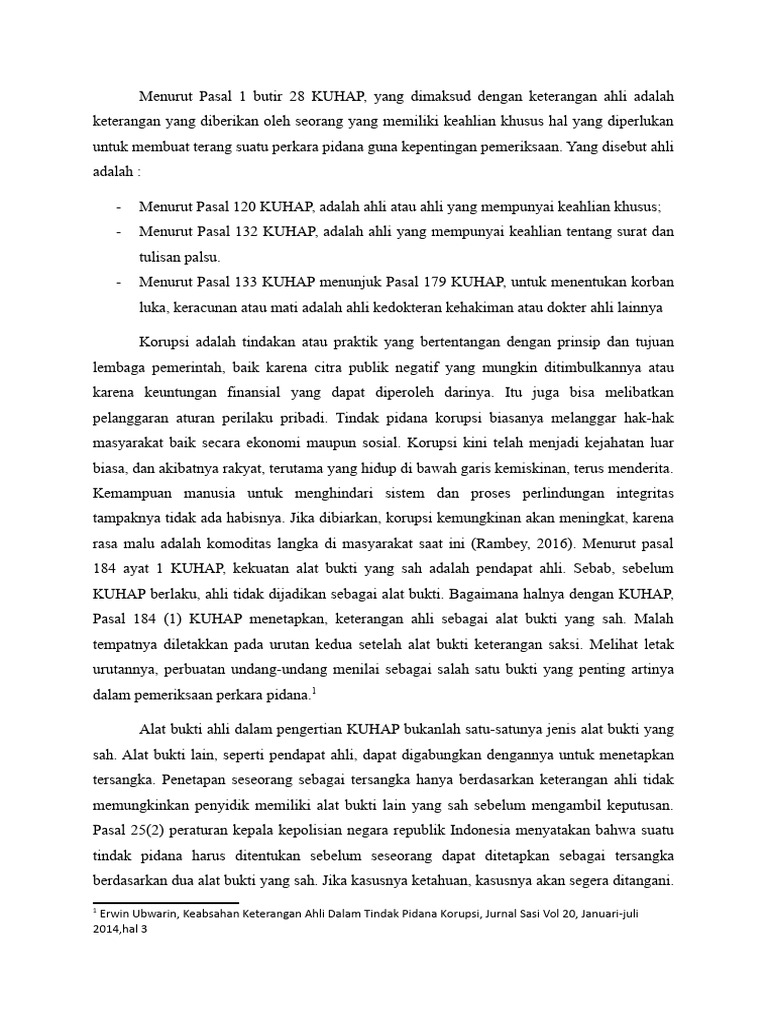 Kedudukan Keterangan Ahli Sebagai Alat Bukti Dalam Penyelesaian Perkara Tindak Pidana Korupsi ...
